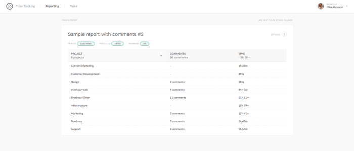 comments column in reports – Everhour Blog